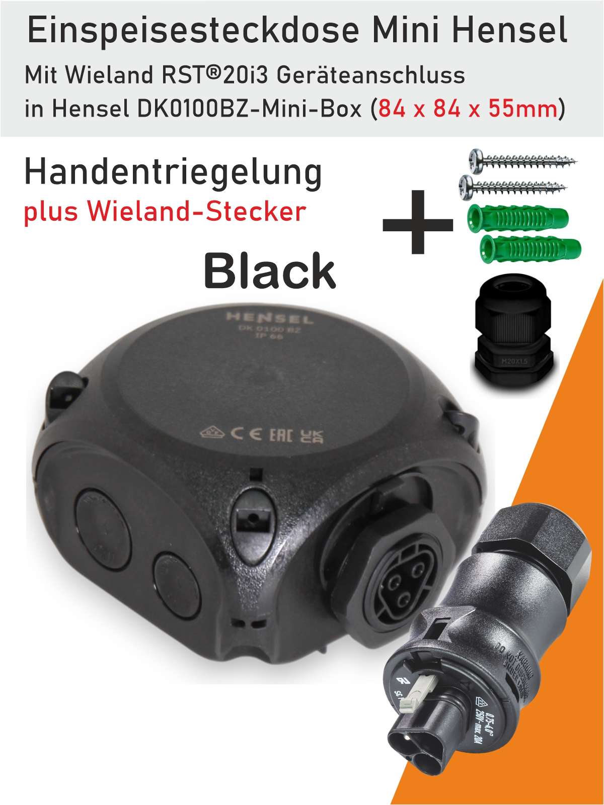 Einspeisesteckdose mit Wieland Geräteanschluss Mini Hensel Black